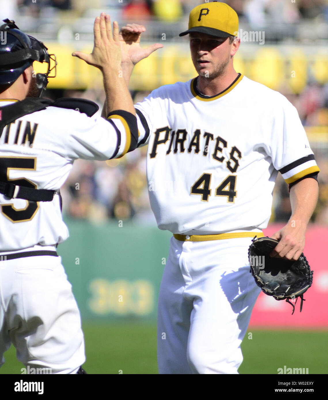 Pittsburgh Pirates relief pitcher Tony Watson (44) greets Pittsburgh ...