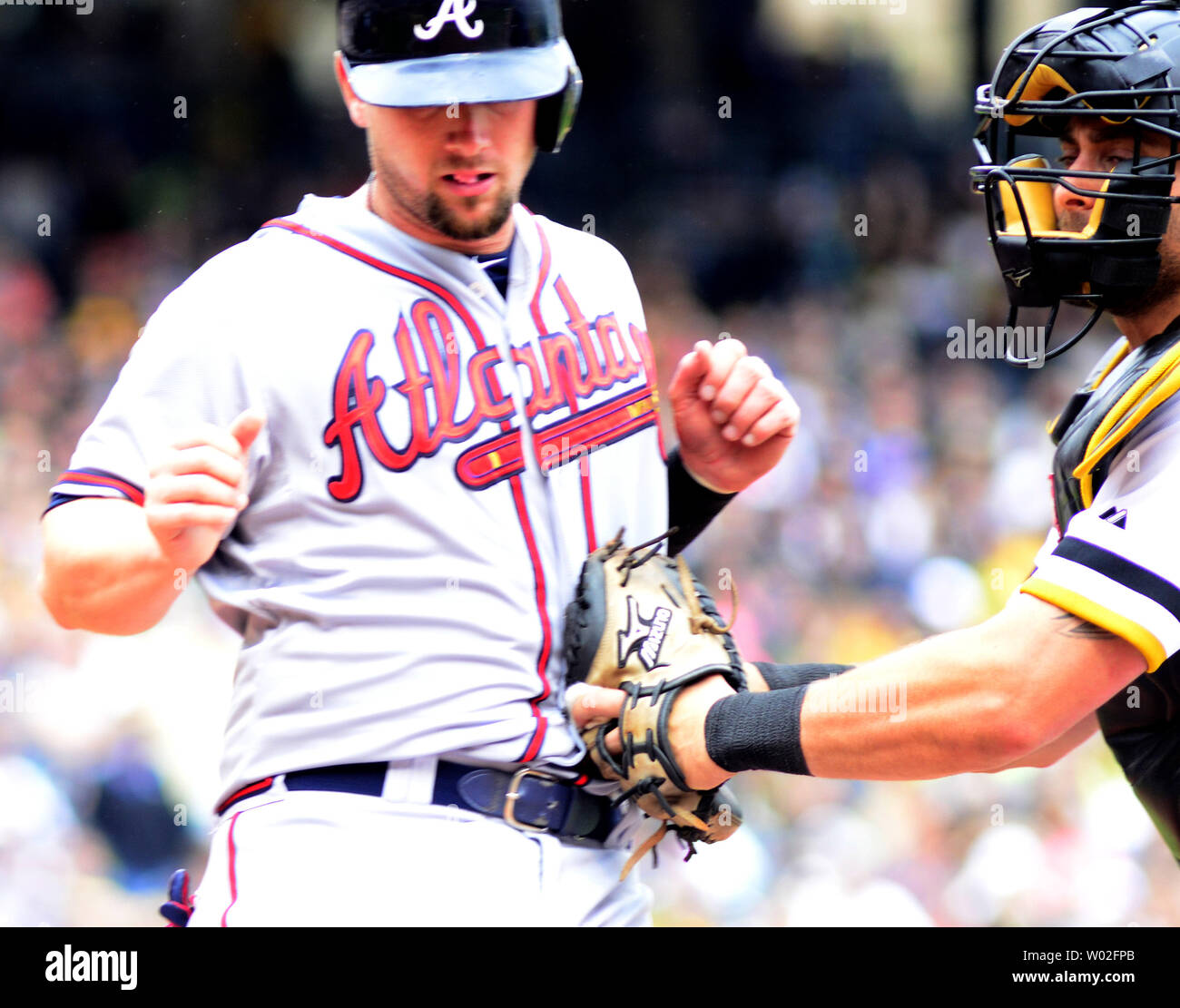Pittsburgh Pirates catcher Francisco Cervelli (29) tags out Atlanta ...