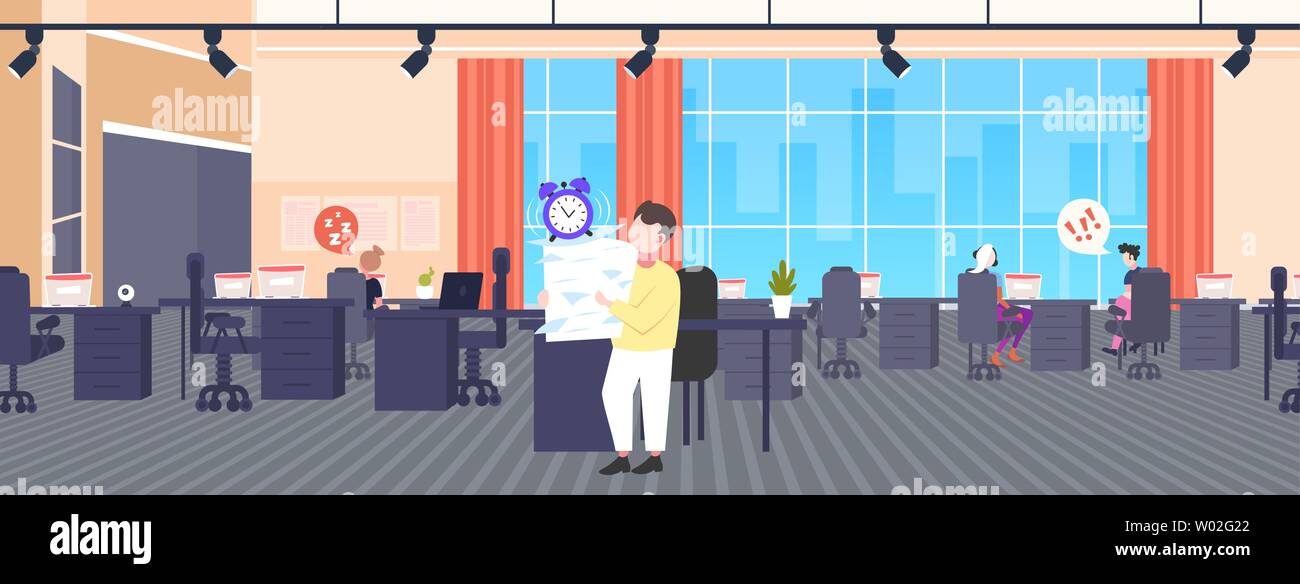 overworked businessman carrying paper documents stack with alarm clock ...