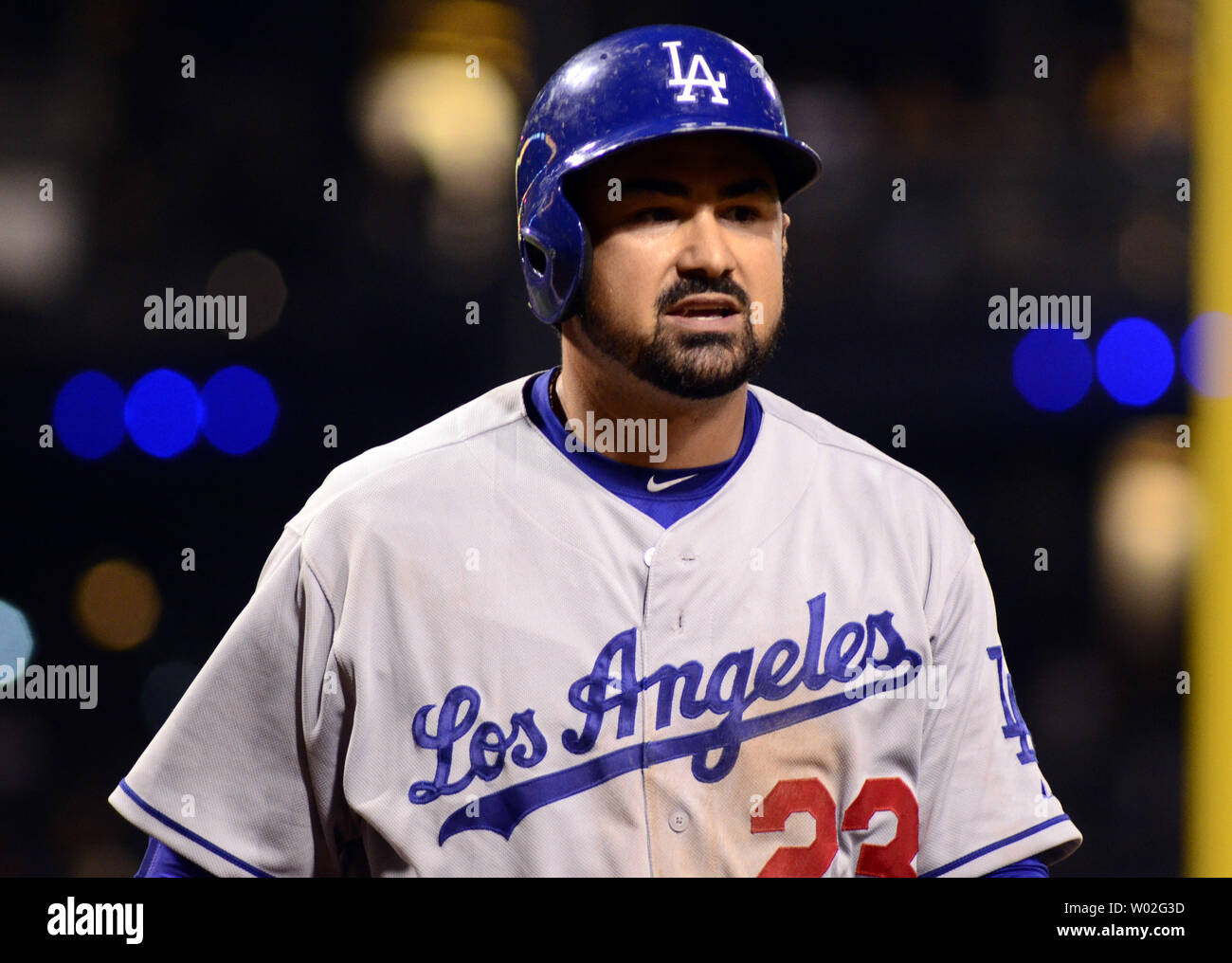 Los Angeles Dodgers first baseman Adrian Gonzalez (23) reacts after he ...