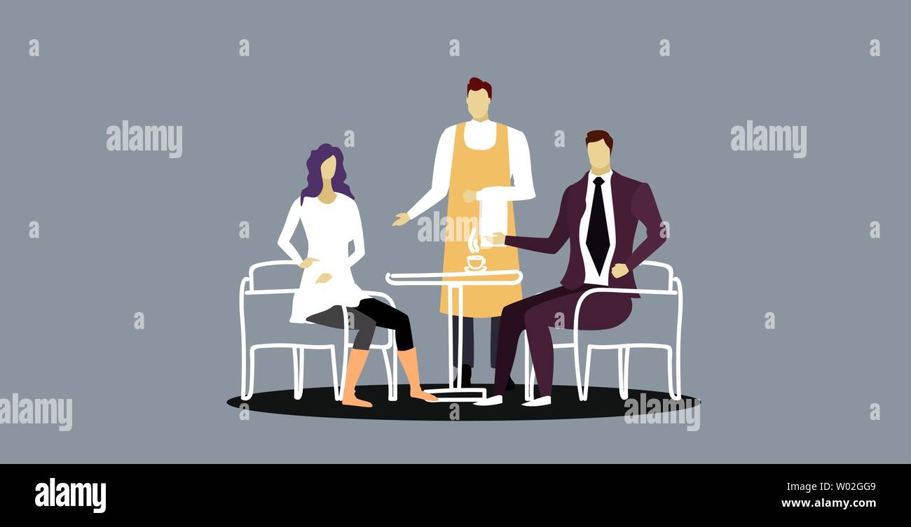 Waitress Serving Businesspeople Couple Man Woman Sitting Restaurant