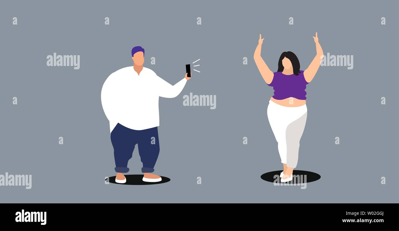 fat man using smartphone camera guy taking photo of young overweight ...