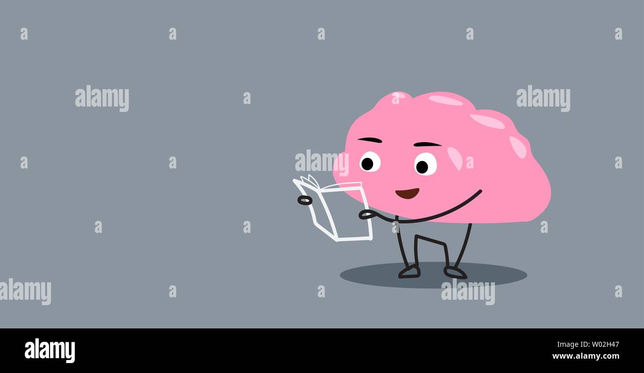 cute human brain organ reading book education concept kawaii style pink ...