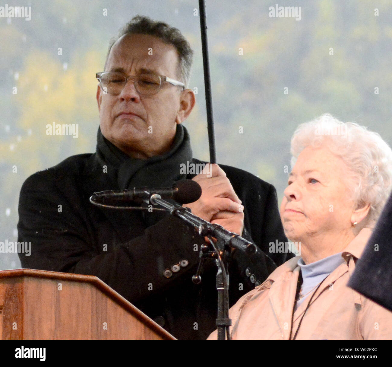 Mrs. Joanne Rogers, widow of Mr. Rogers pauses during their speech to ...