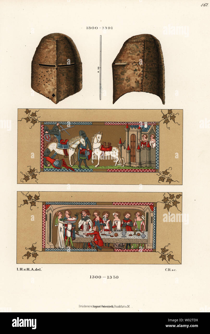 Knights in battle watched by ladies in a castle, and a lady bringing a ...