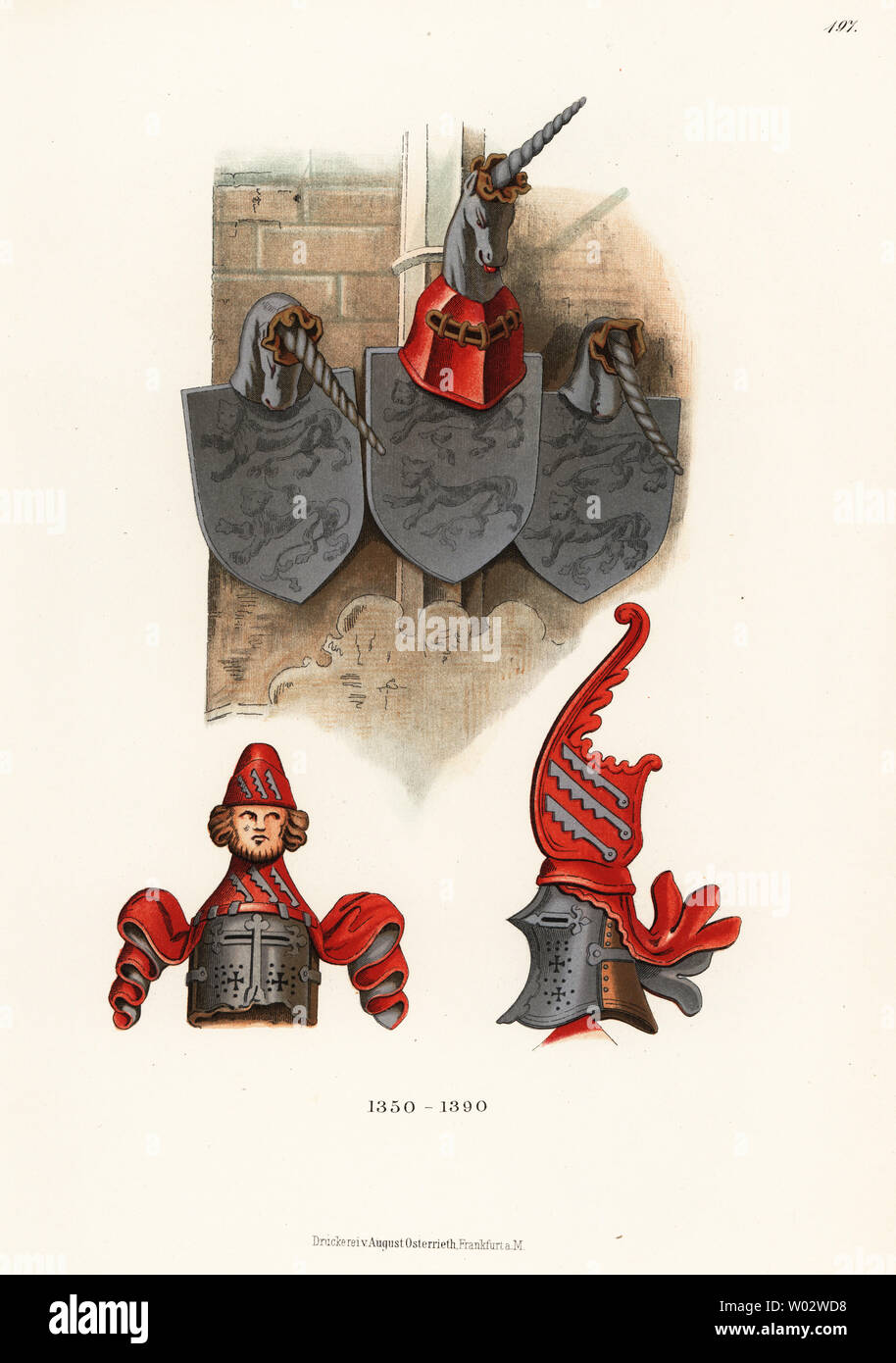 Great helms and shields with heraldic family crests, 14th century. From ...