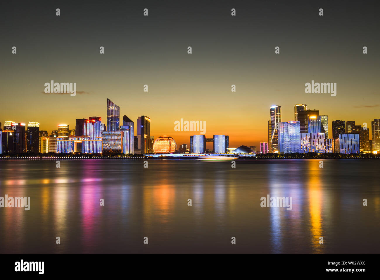 Hangzhou Qianjiang New City City Night View Qiantang River from dusk to ...