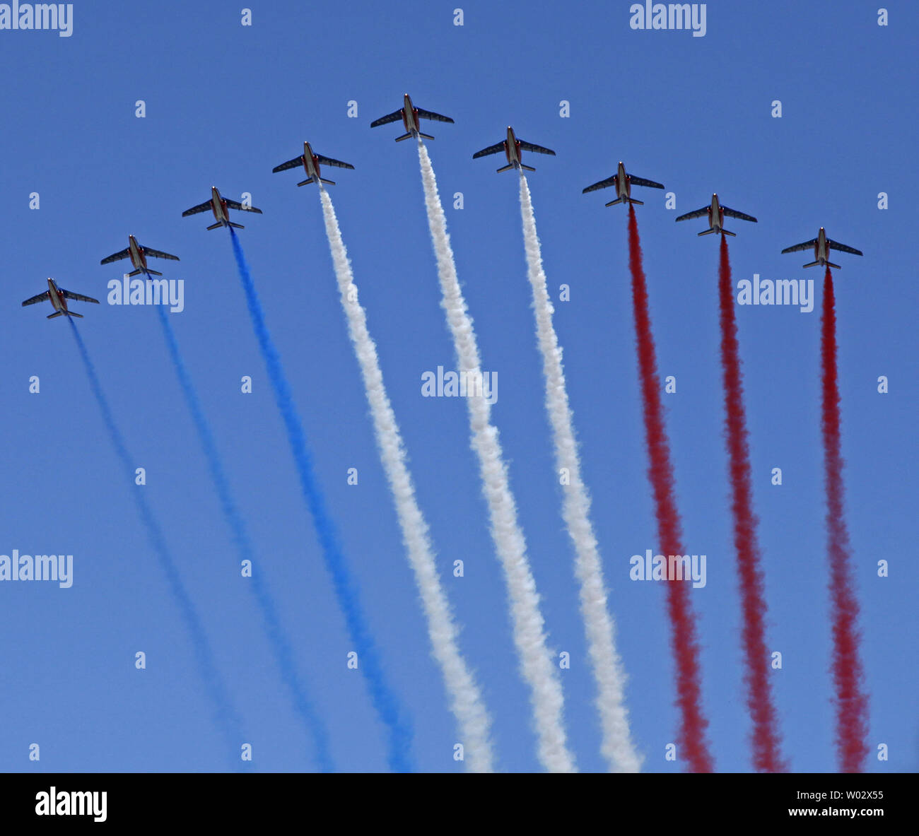 French military jets fly over the Place de la Concorde during the ...