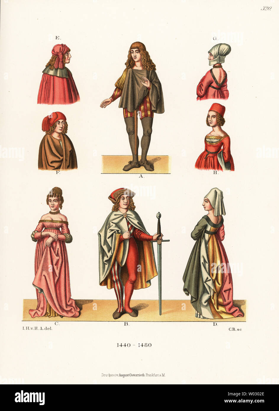 German costumes of the 15th century. Man and woman in mi-parti clothes ...