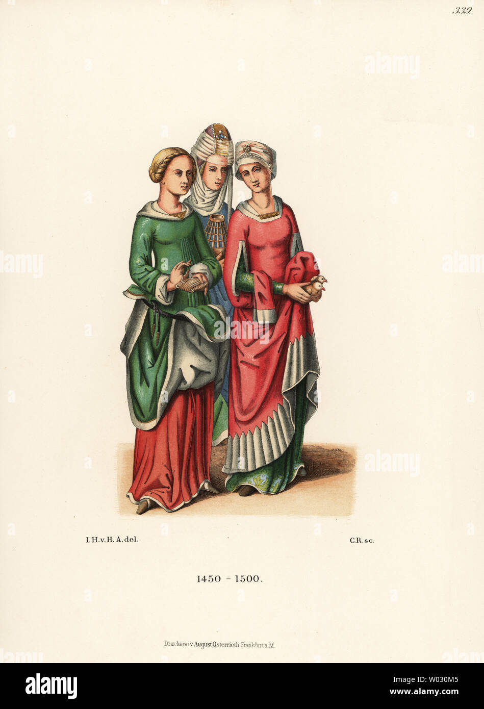 German women’s costumes of the late 15th century. The woman holding a ...