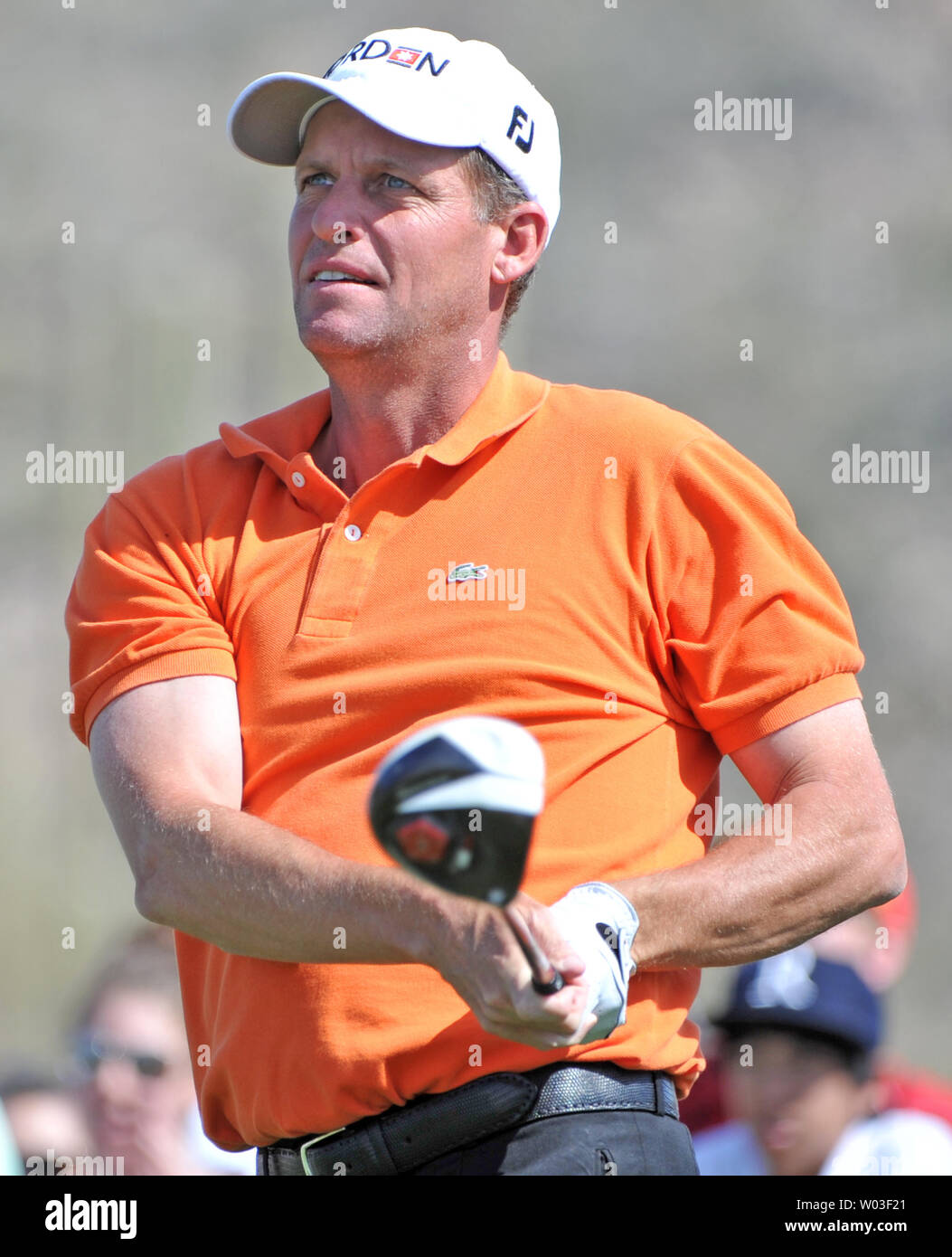 Anders Hansen of Denmark follows the flight of his shot on the second ...