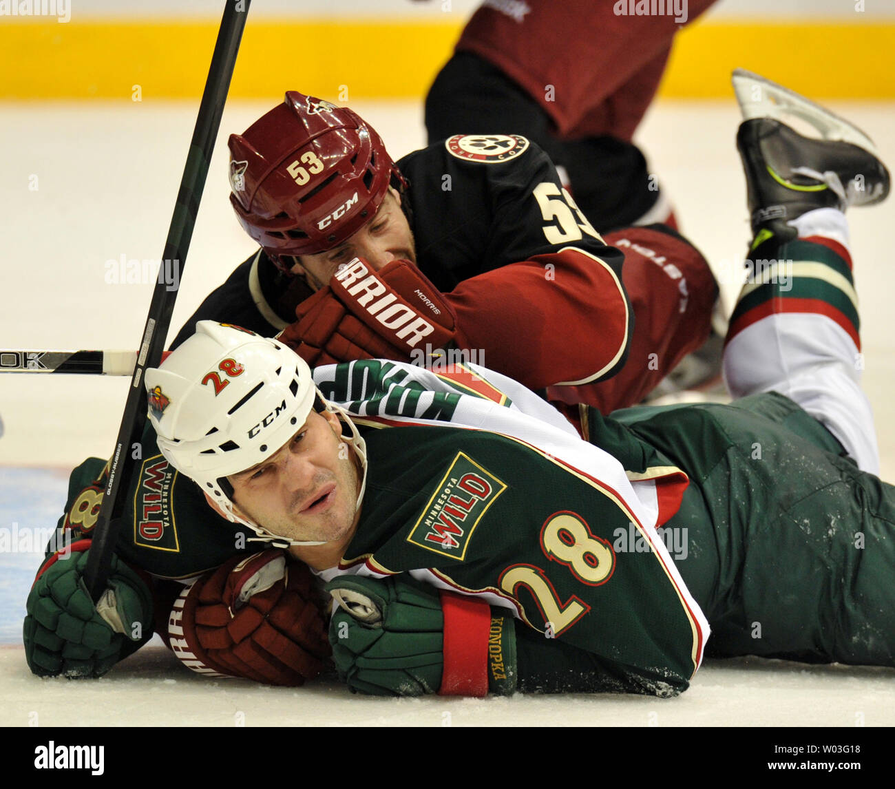 Minnesota Wild Zenon Konopka (28) reacts to being checked by Phoenix ...