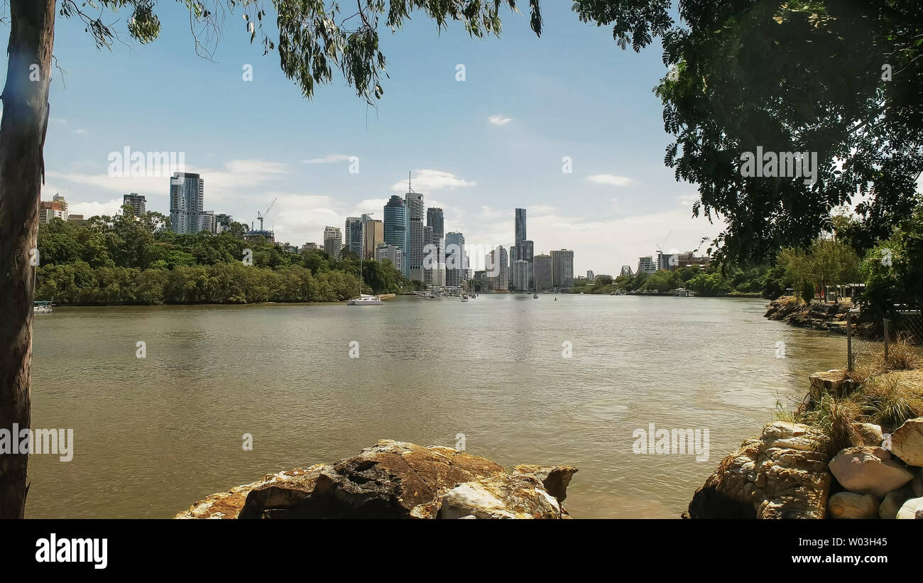 river level view of brisbane river framed by trees Stock Photo - Alamy