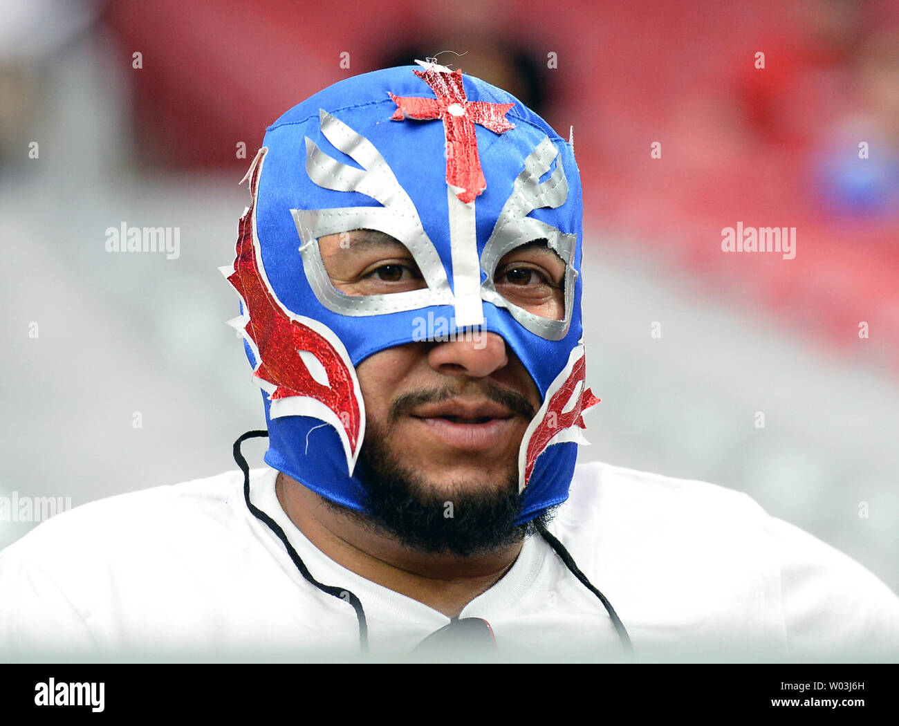 A soccer fan wears a mask before the match between USA and Columbia ...