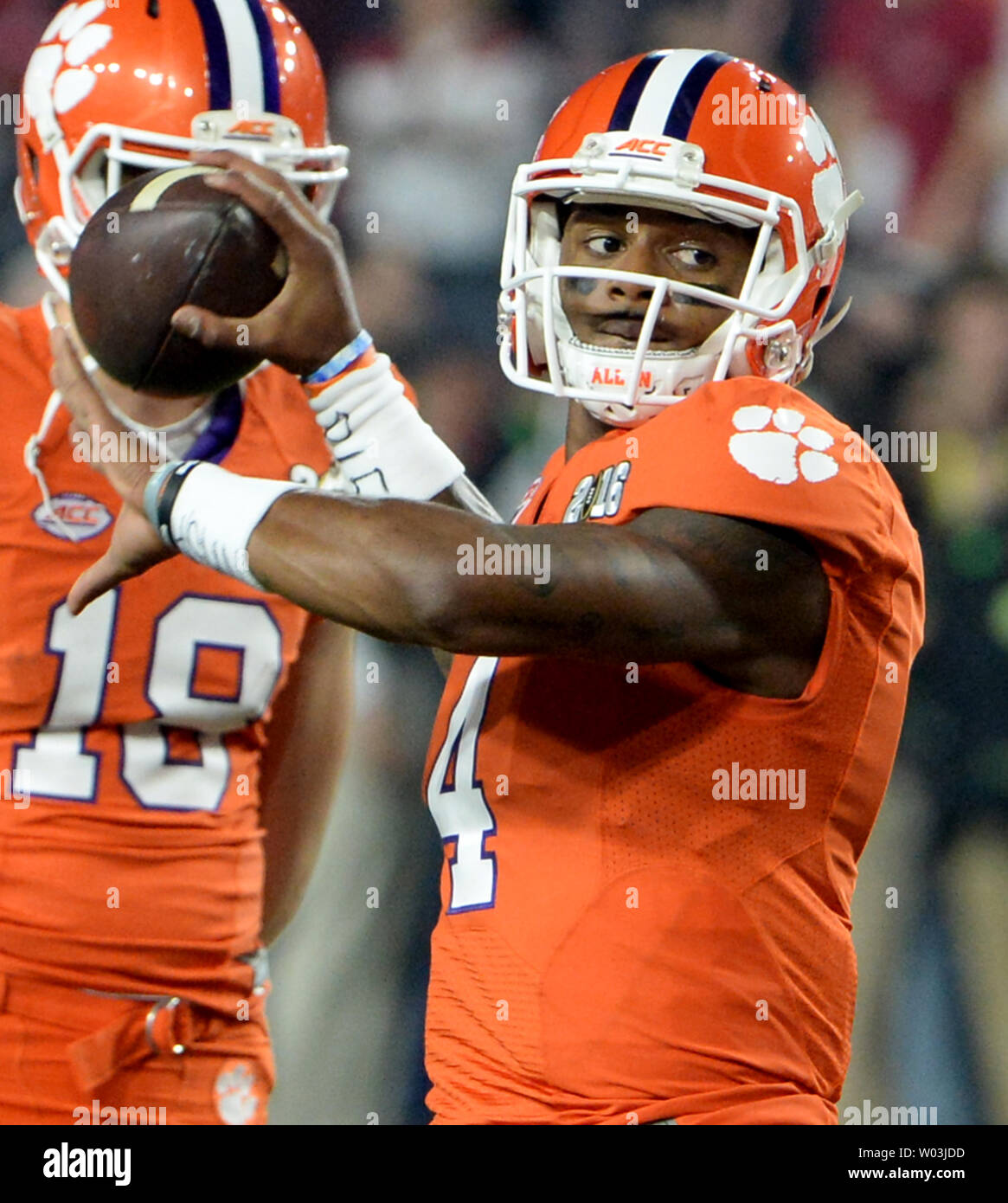 Clemson Tigers quarterback Deshaun Watson throws a pass as he warms up ...
