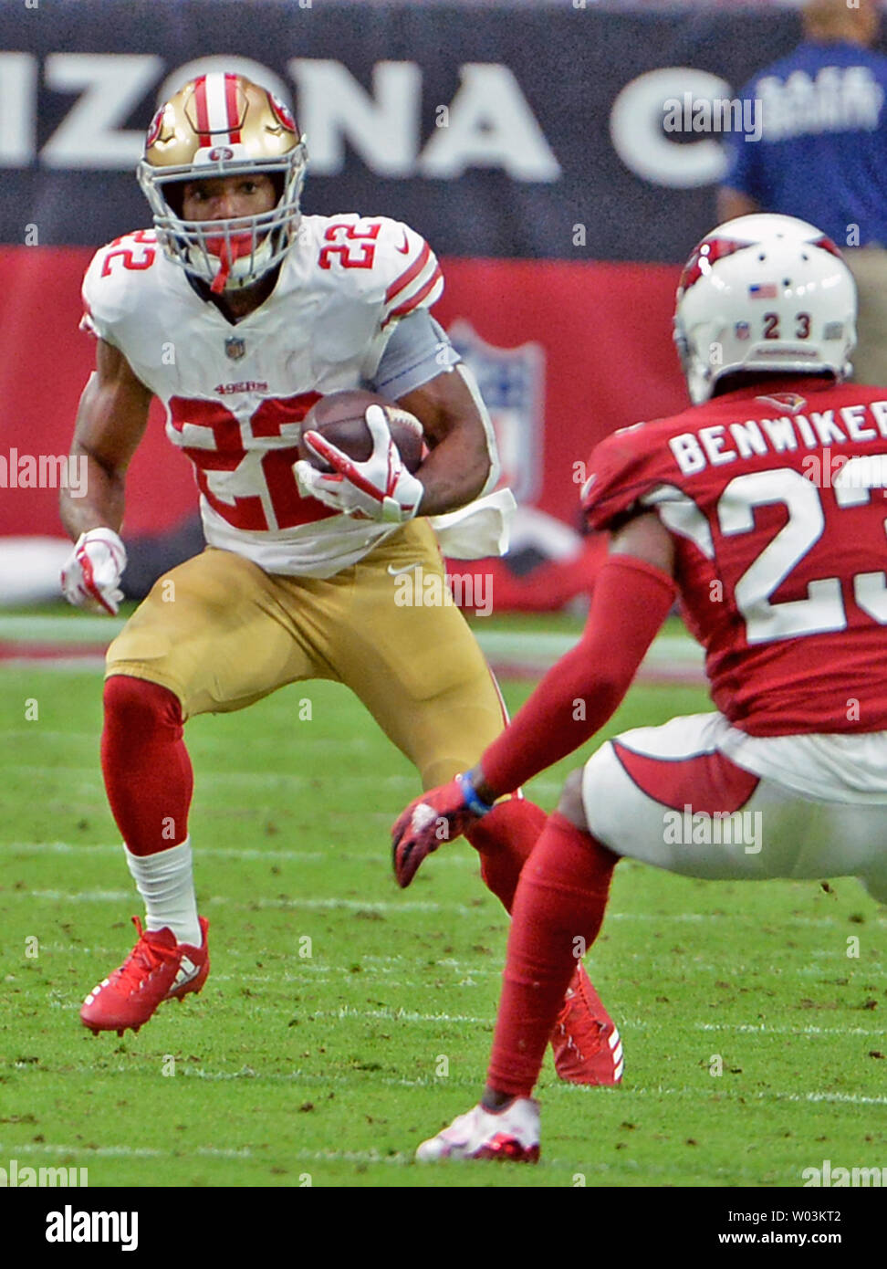 San Francisco 49ers Matt Breida runs for ten yards in the first quarter ...