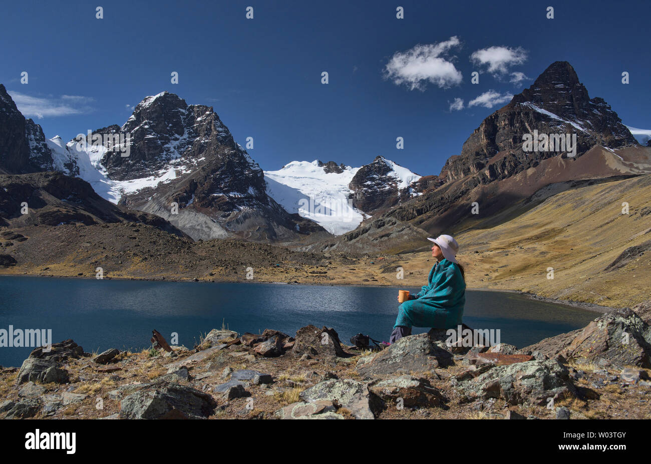 Enjoying the alpine scenery at Chiar Khota Lake on the Cordillera Real ...