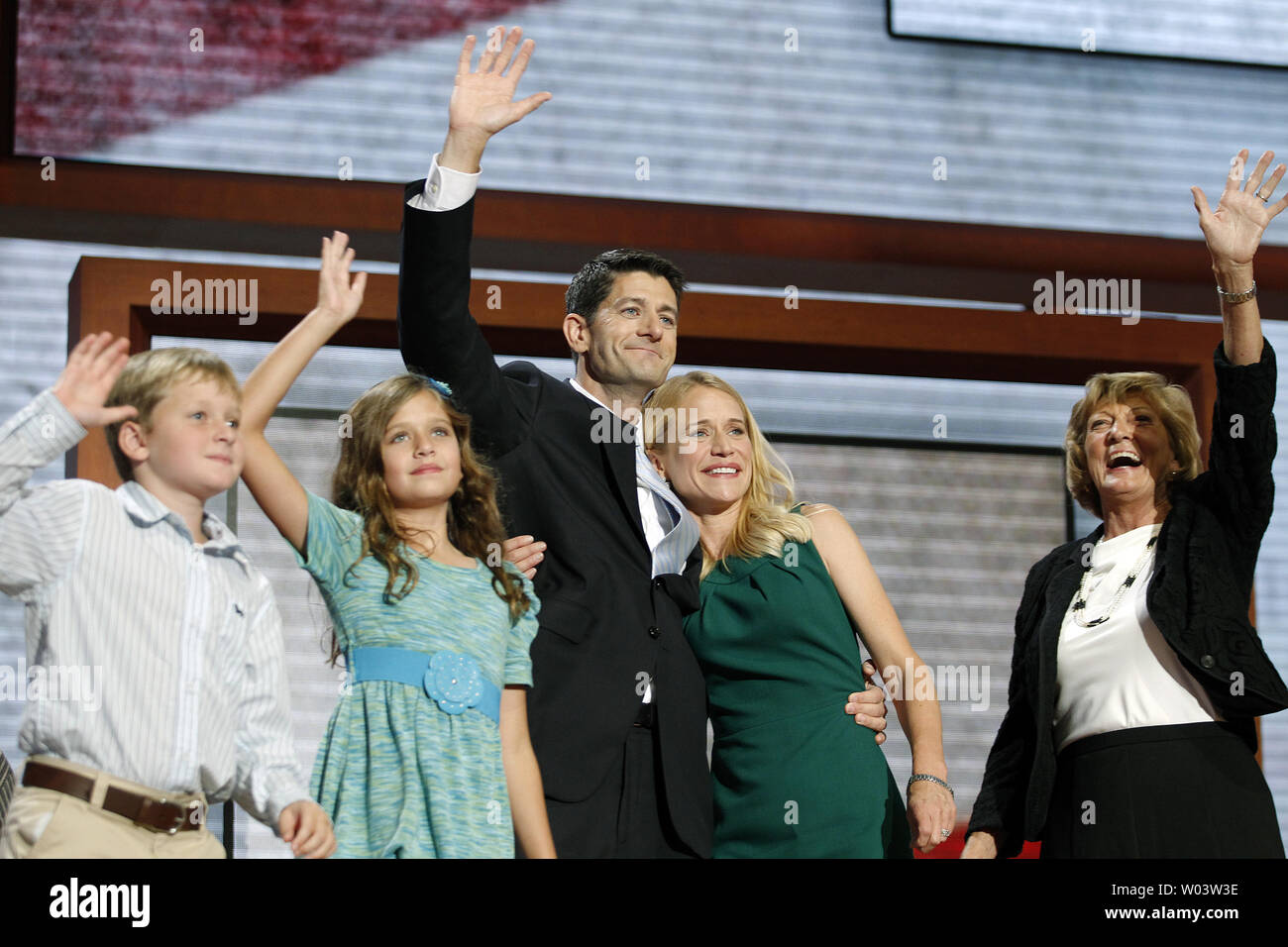 Republican Vice-President candidate Paul Ryan of Wisconsin waves with ...