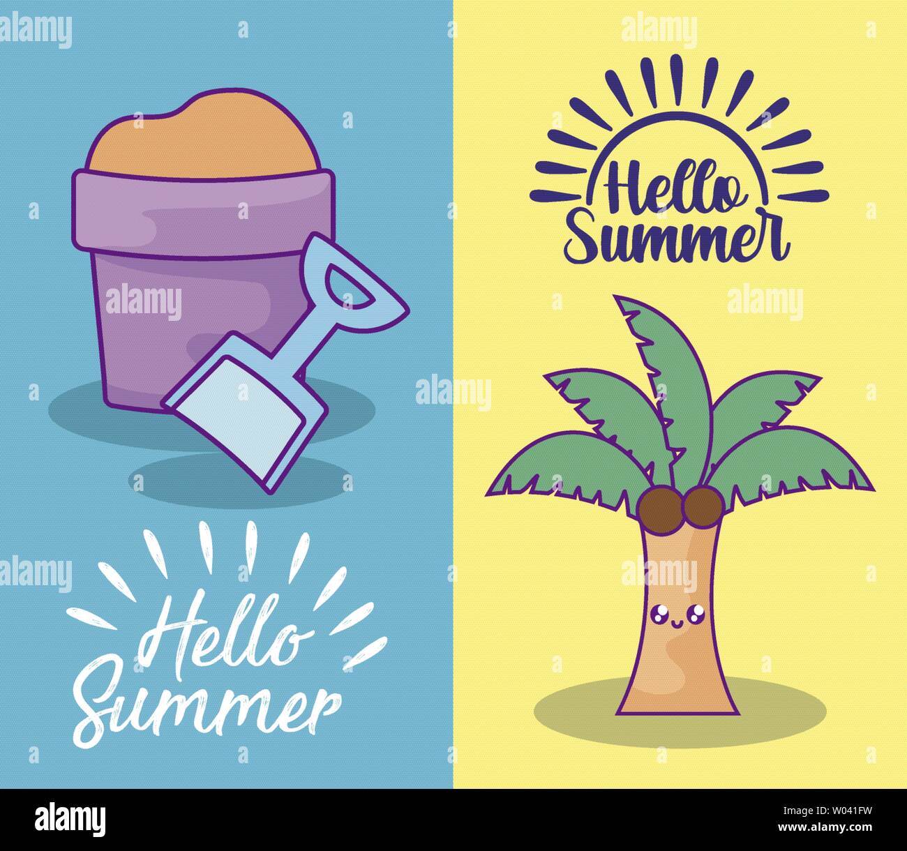 summer label with bucket and palm tree kawaii vector illustration ...