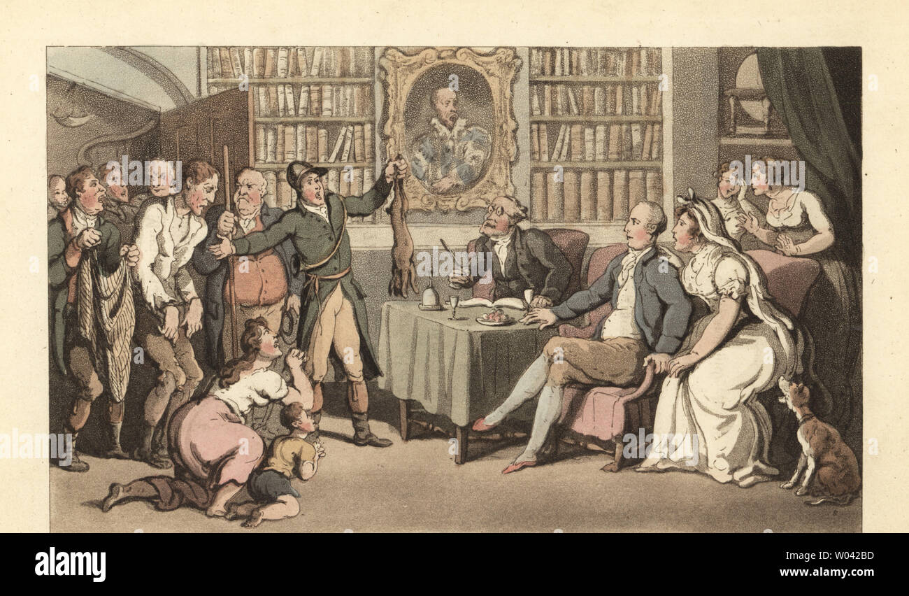 English gentleman in his study with his wife hearing a case of poaching ...