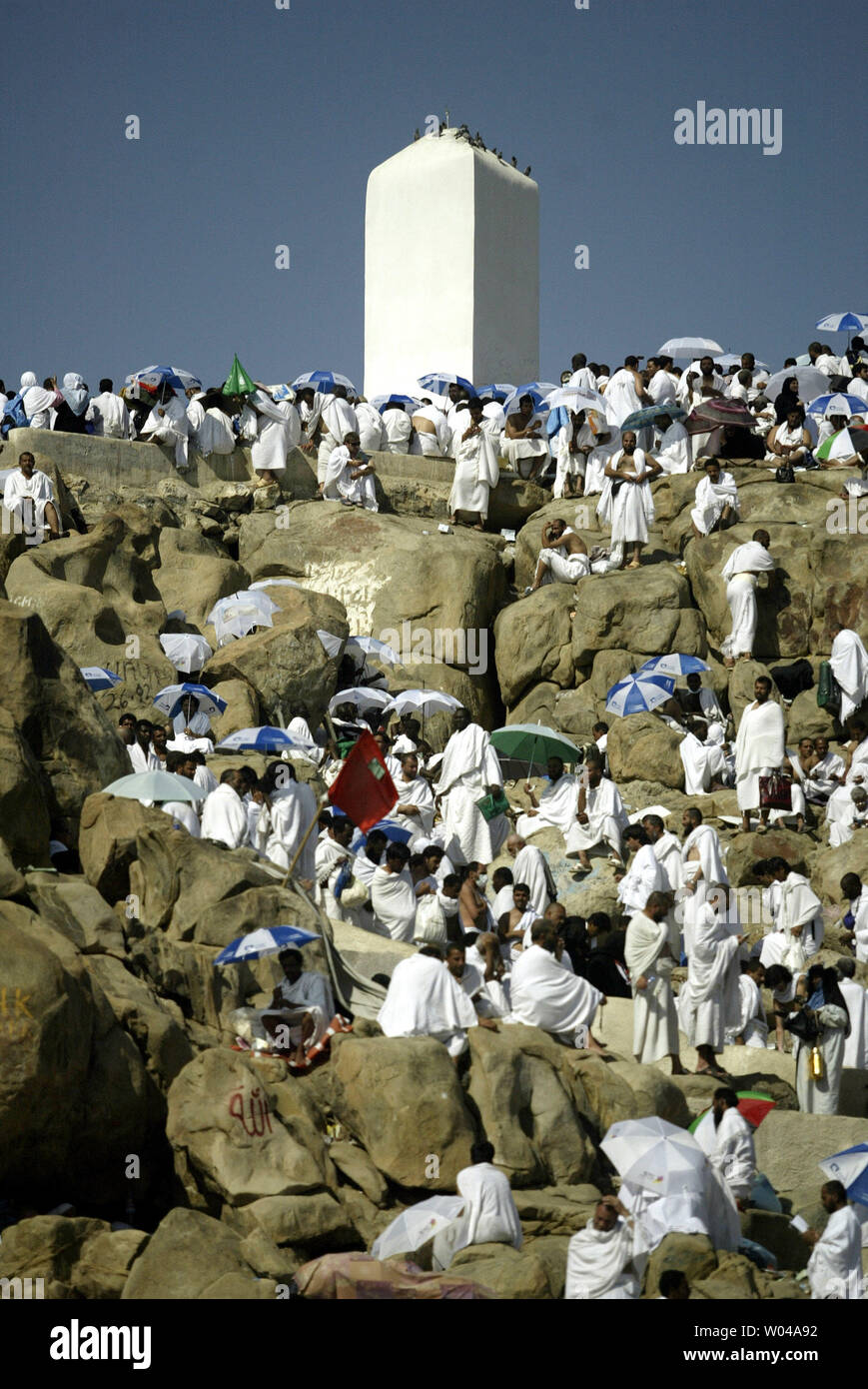 Muslim pilgrims pray at Jabal Al Rahma, the mountain of mercy for the ...
