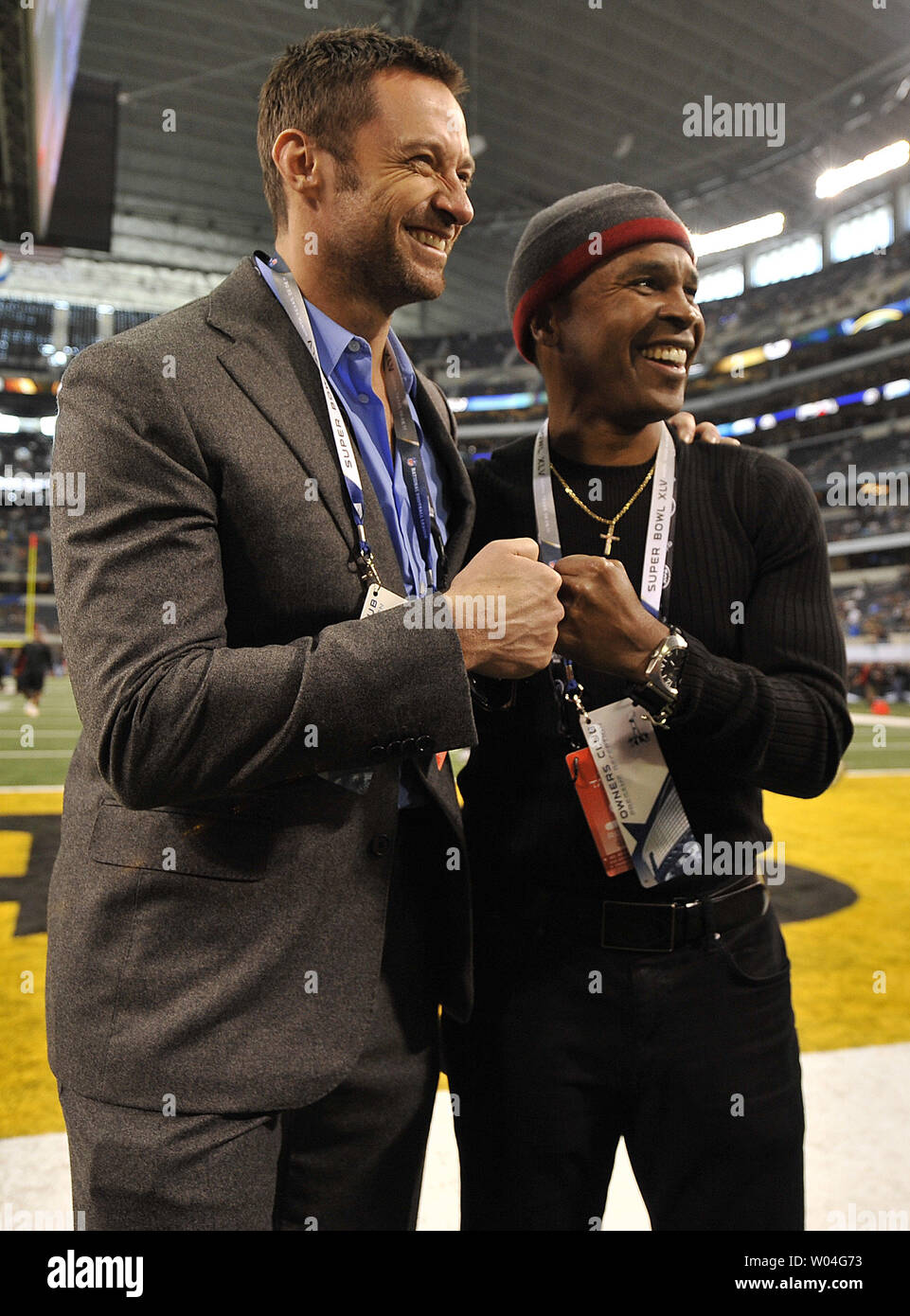 Actor Hugh Jackman (L) and Sugar Ray Leonard meets at the Super Bowl ...