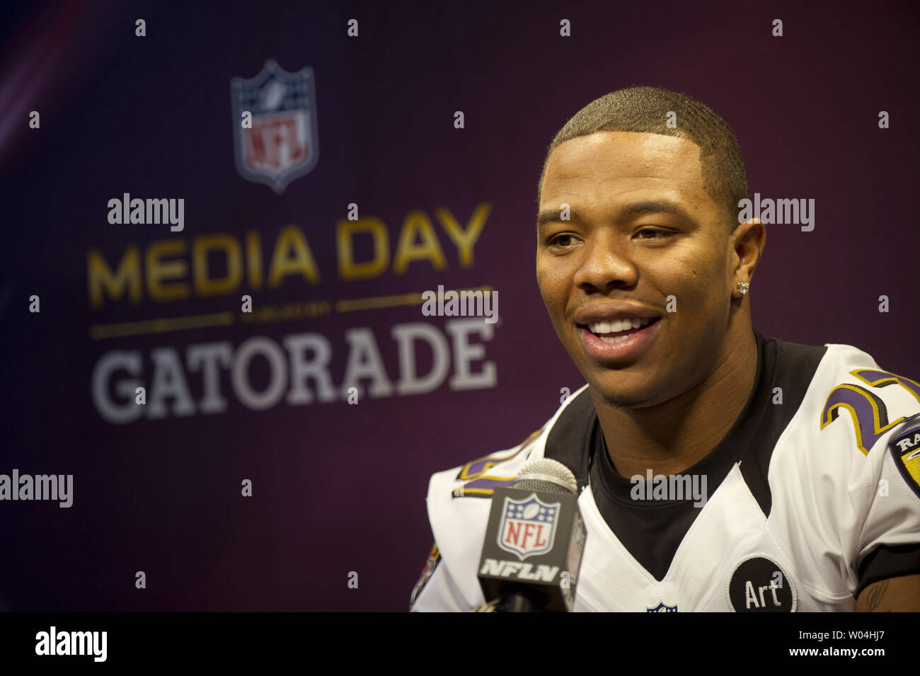 Baltimore Ravens running back Ray Rice talks to the media during Super ...