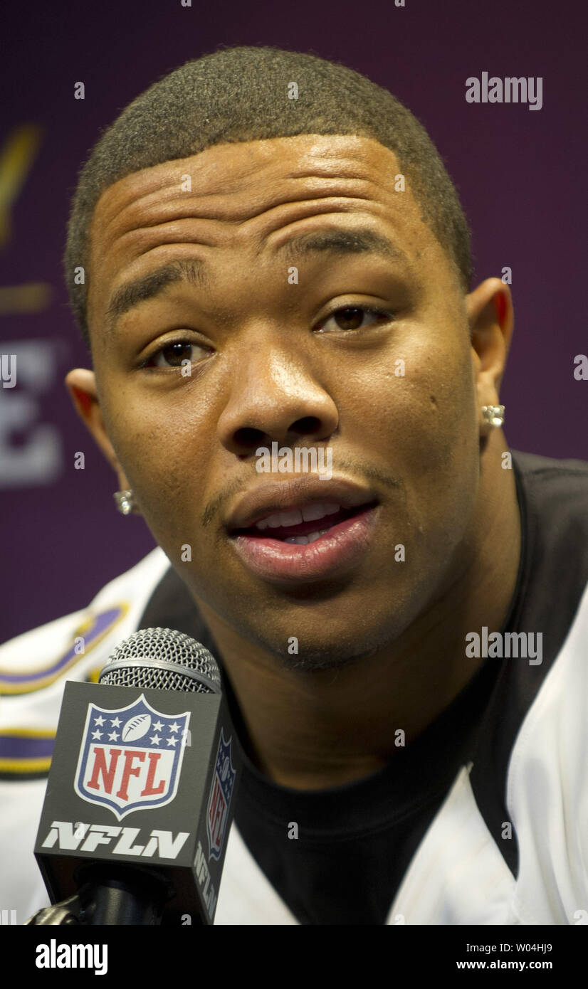 Baltimore Ravens running back Ray Rice talks to the media during Super ...