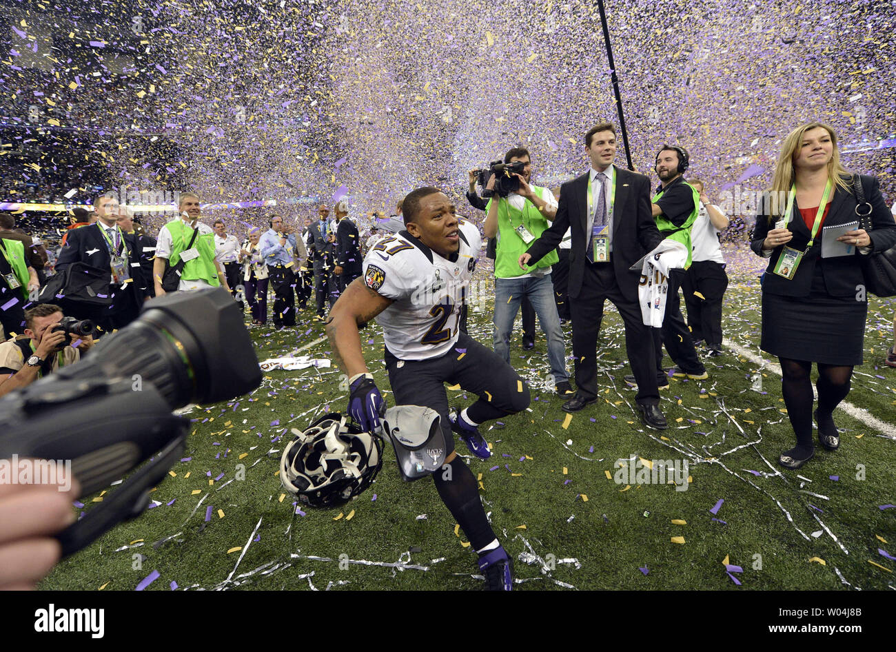 Baltimore Ravens running back Ray Rice celebrates after winning Super ...