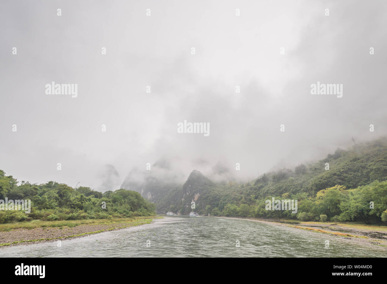 Landscape of the Li River in Guilin, China in the smoke and rain Stock ...