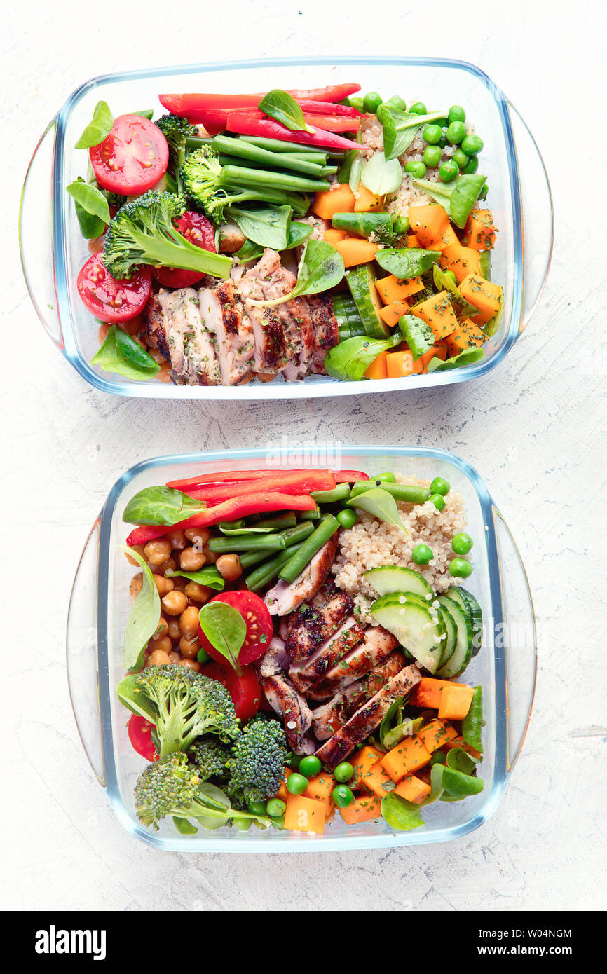 Healthy lunch box with chicken, quinoa and vegetables. Balanced diet ...