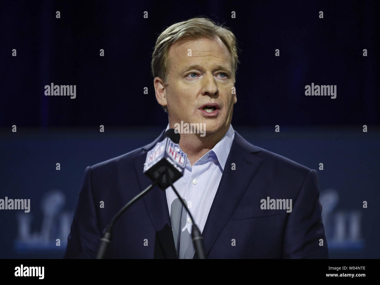 NFL Commissioner Roger Goodell speaks to the media at Super Bowl LII ...
