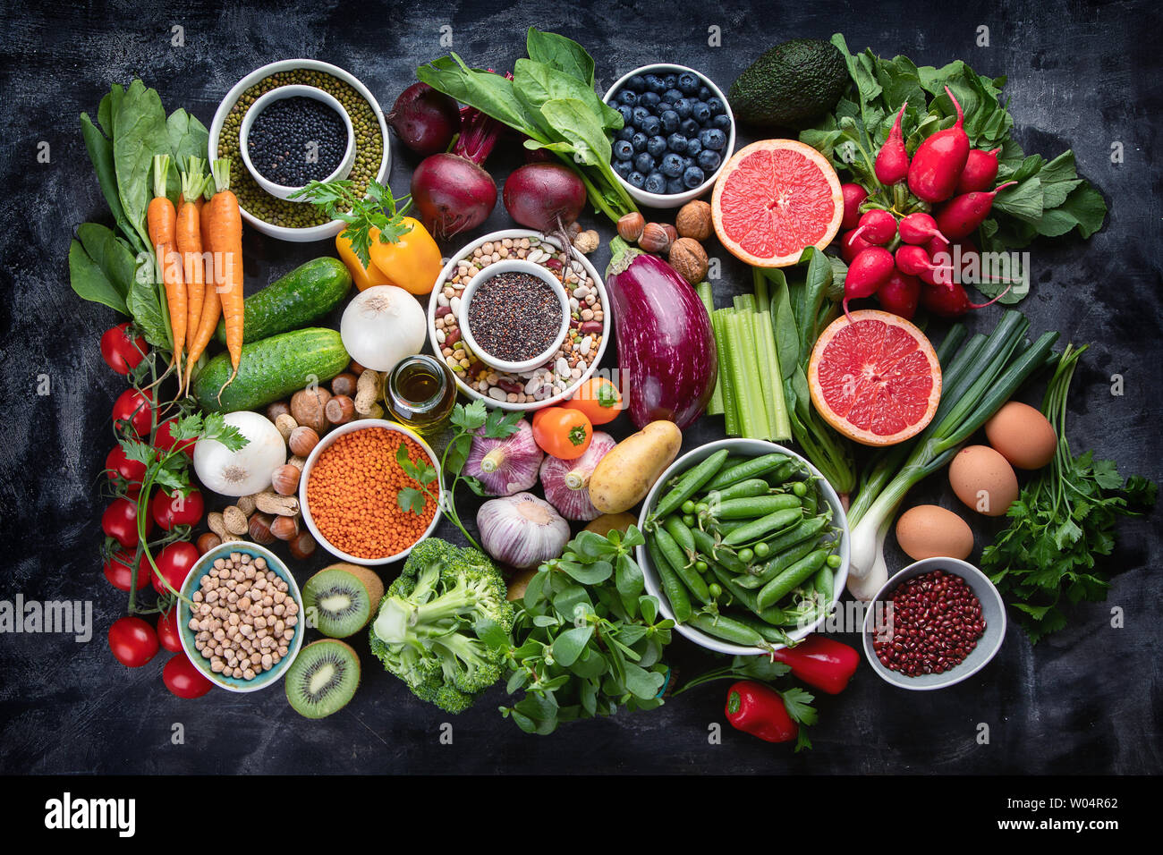 Healthy eating ingredients: vegetables, fruits and legumes. Nutrition ...