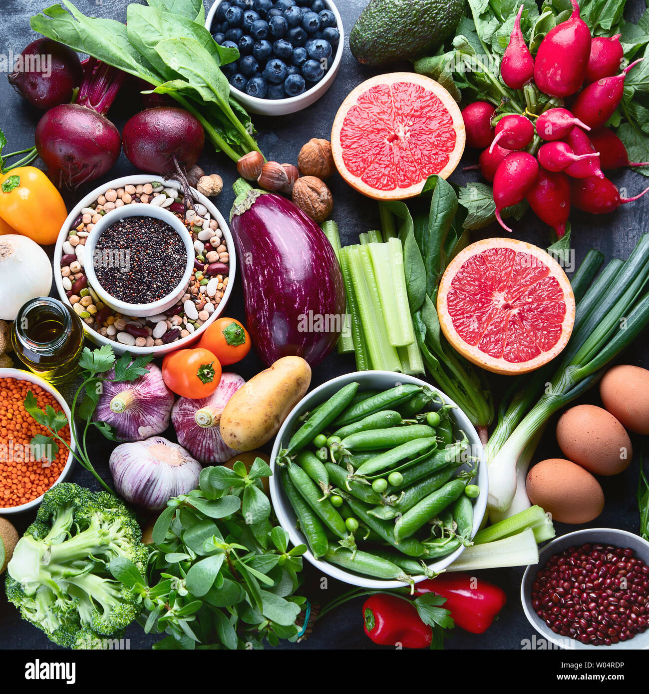 Healthy eating ingredients: vegetables, fruits and legumes. Nutrition ...