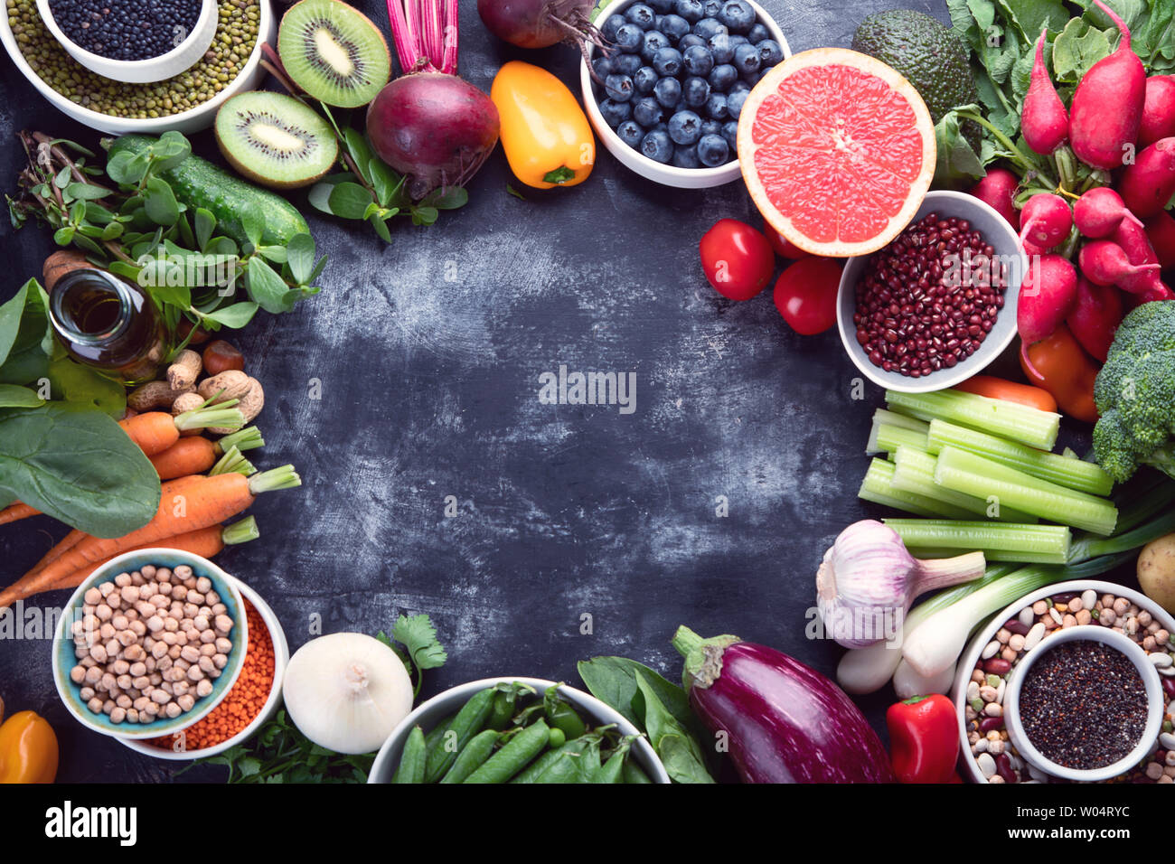 Healthy eating ingredients: vegetables, fruits and legumes. Nutrition ...