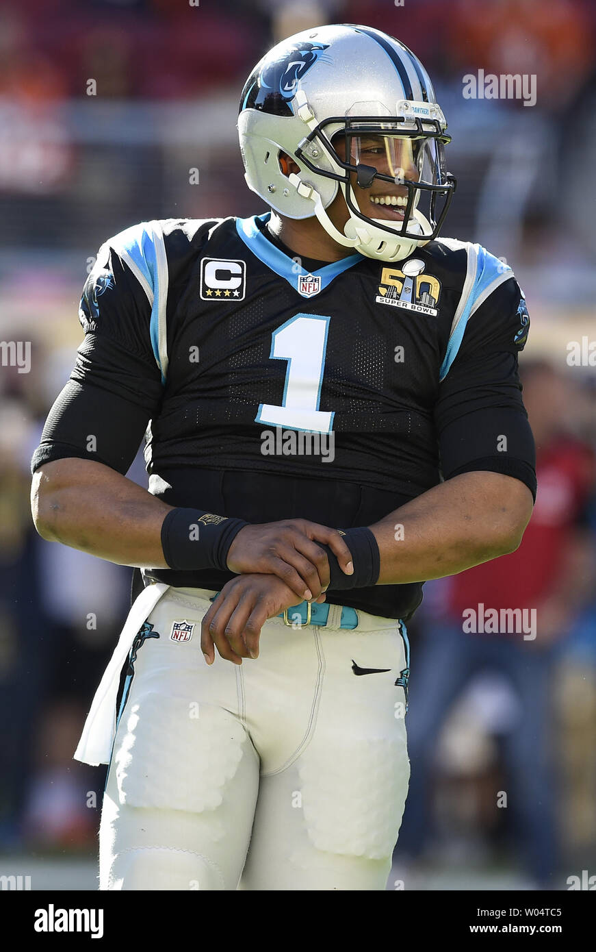 Carolina Panthers Quarterback Cam Newton Smiles During Official Warm
