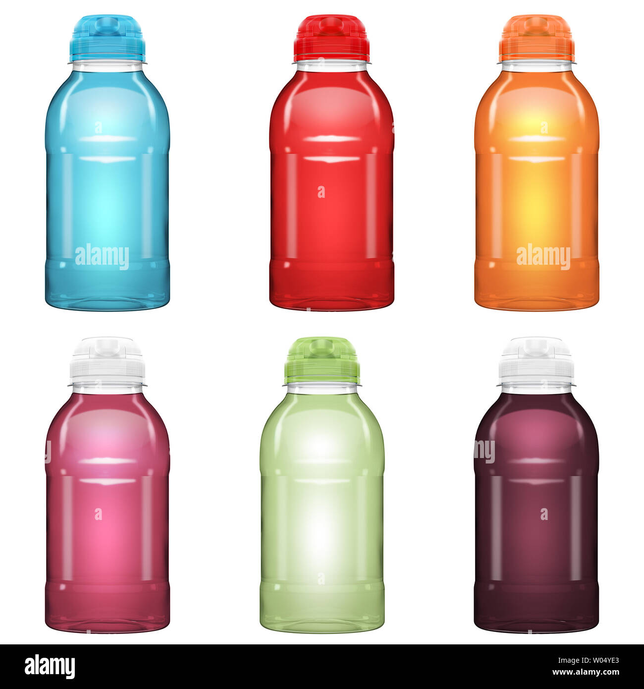 A collection of plastic vitamin drink bottles with squeeze lids in a ...