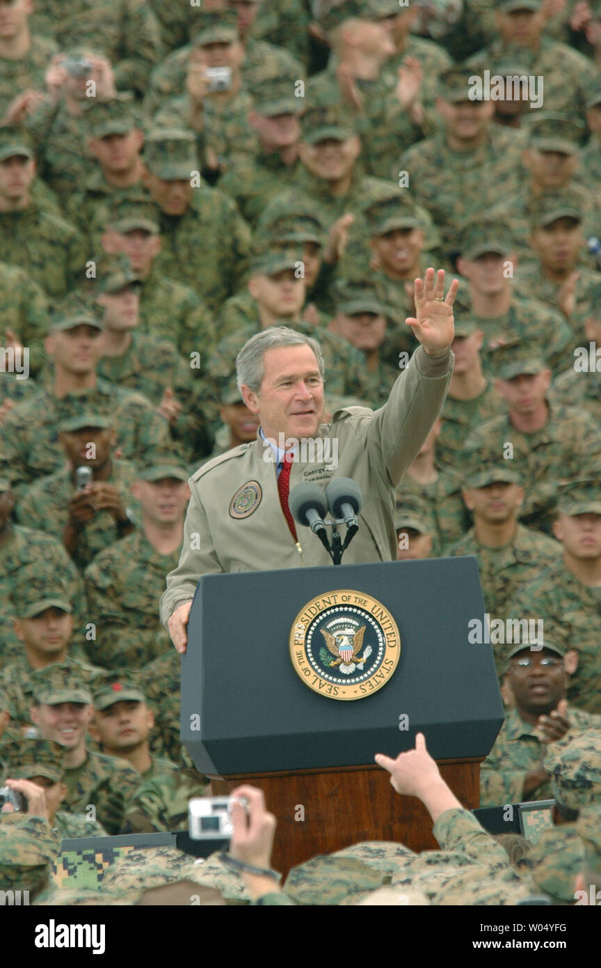 U.S. President George W. Bush waves to thousands of Marines at Camp ...