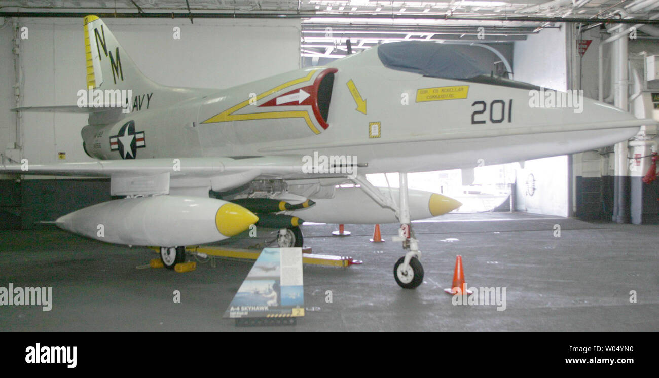 A4 Skyhawk Light Attack Jet is displayed on the USS Midway's Hangar ...
