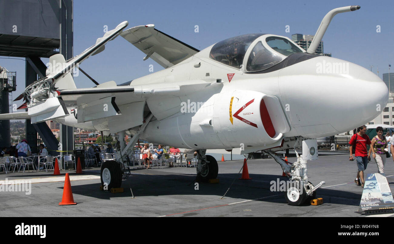 A6 Intruder Attack Jet is displayed on the USS Midway's Flight Deck on ...
