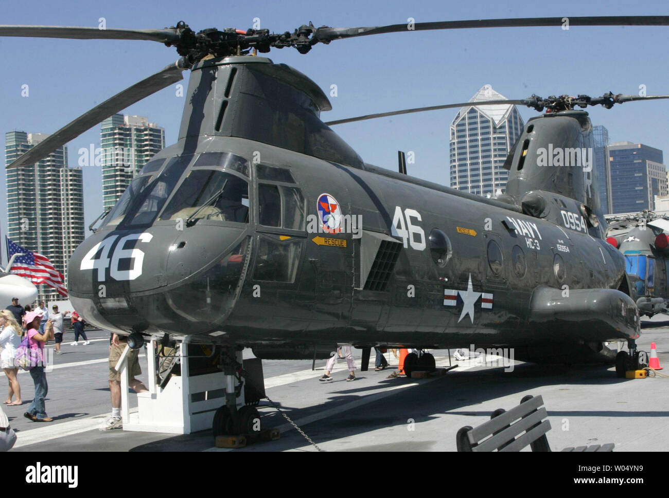 A HH46 Sea Knight Transportation and Resupply Helicopter is displayed ...