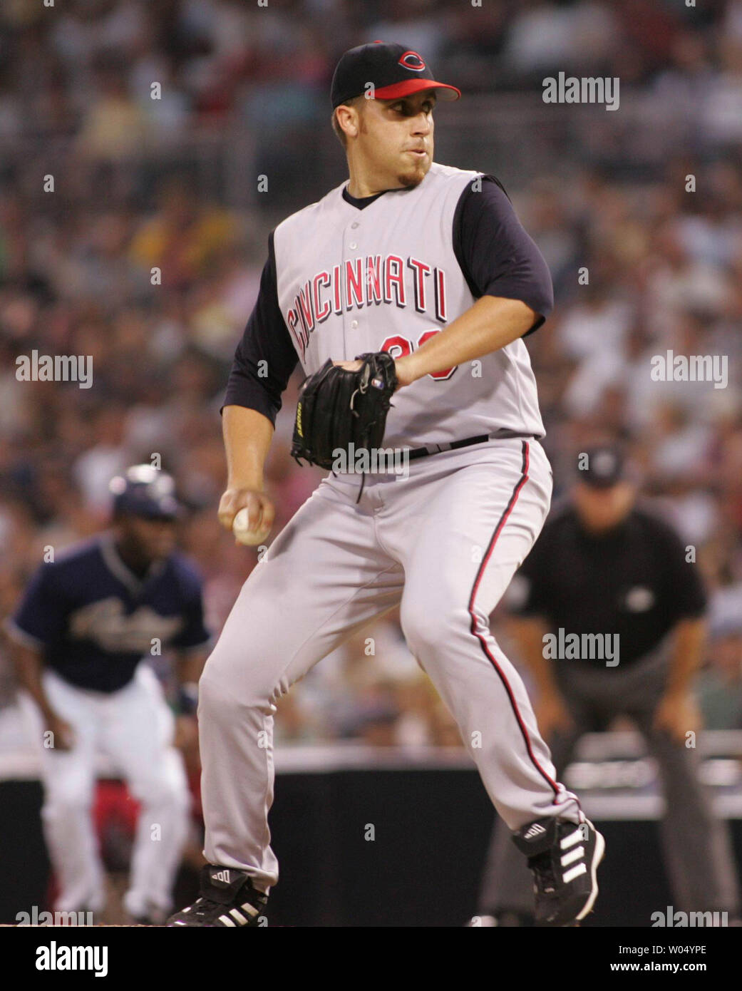 Six foot seven inch pitcher Aaron Harang throws against the Cincinnati ...