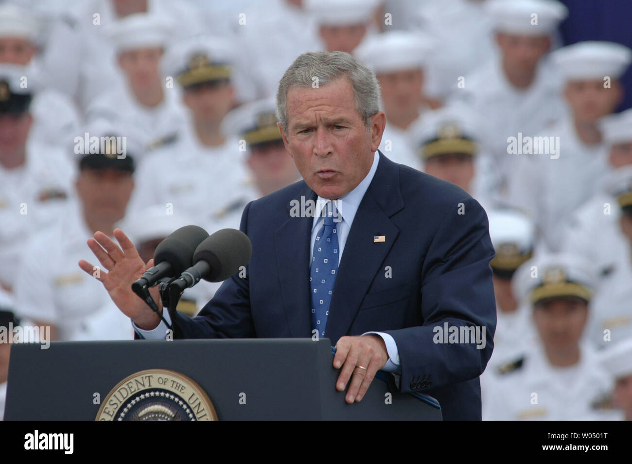 U.S. President George W. Bush delivers a speech to a crowd of Naval ...