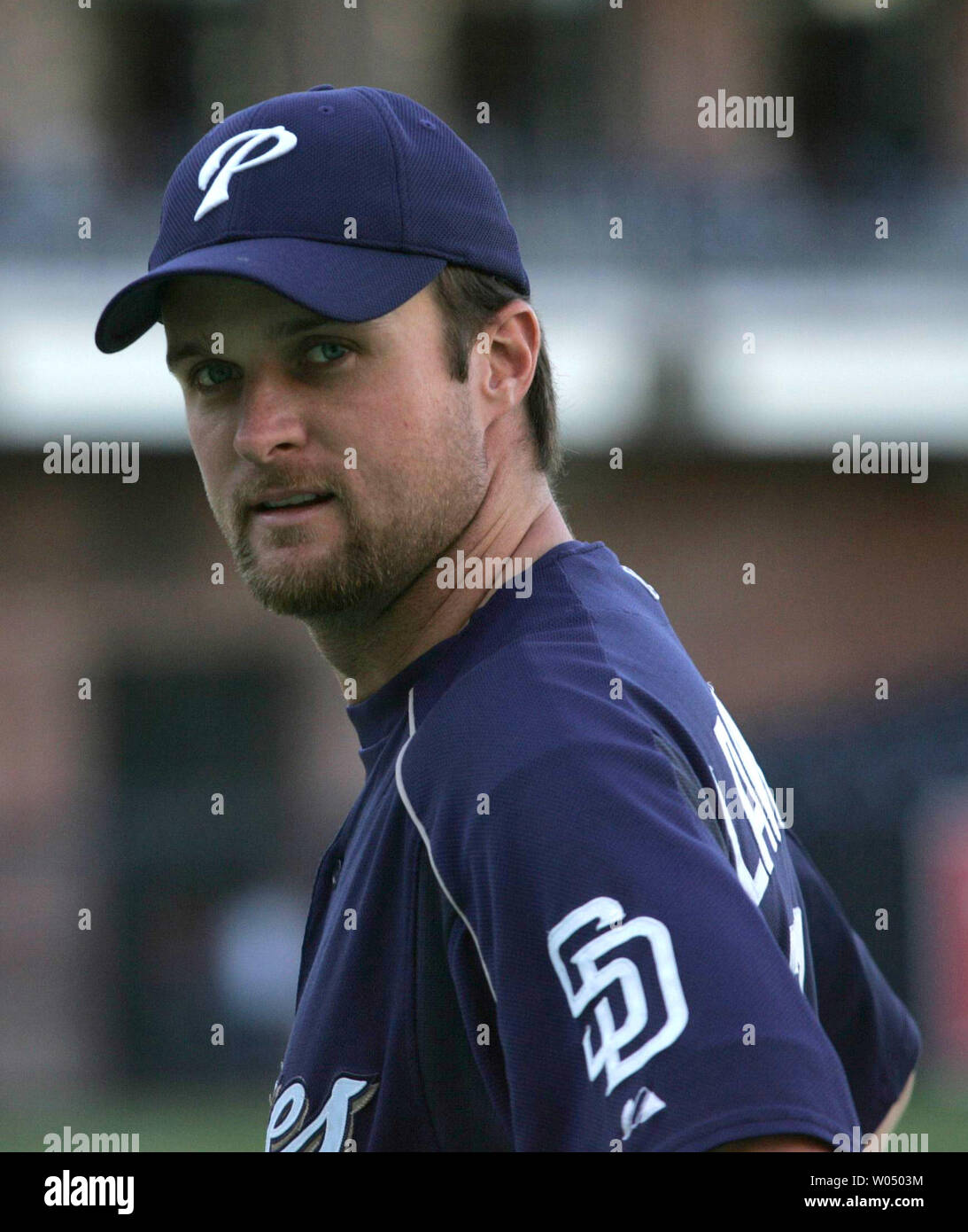 San Diego Padres pitcher Brian Lawrence waits for the game to start ...