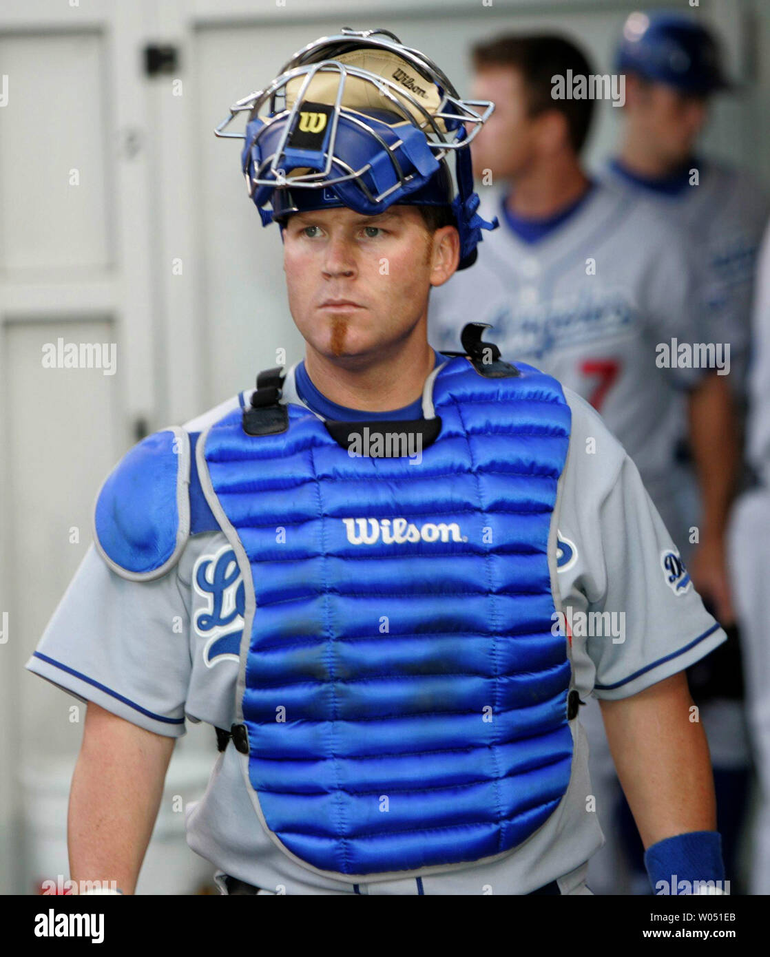 Los Angeles Dodgers catcher Toby Hall waits for the game to start ...