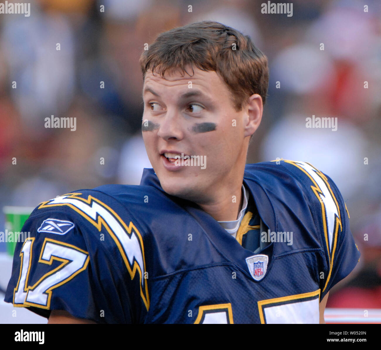 San Diego Chargers quarterback Philip Rivers looks on from the sideline ...