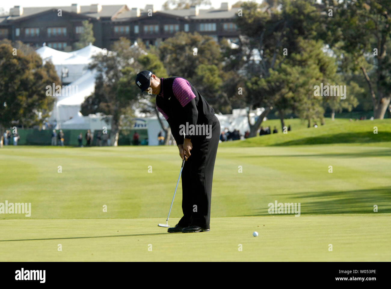 Golfer Tiger Woods putts the ball during third round play at the Buick ...