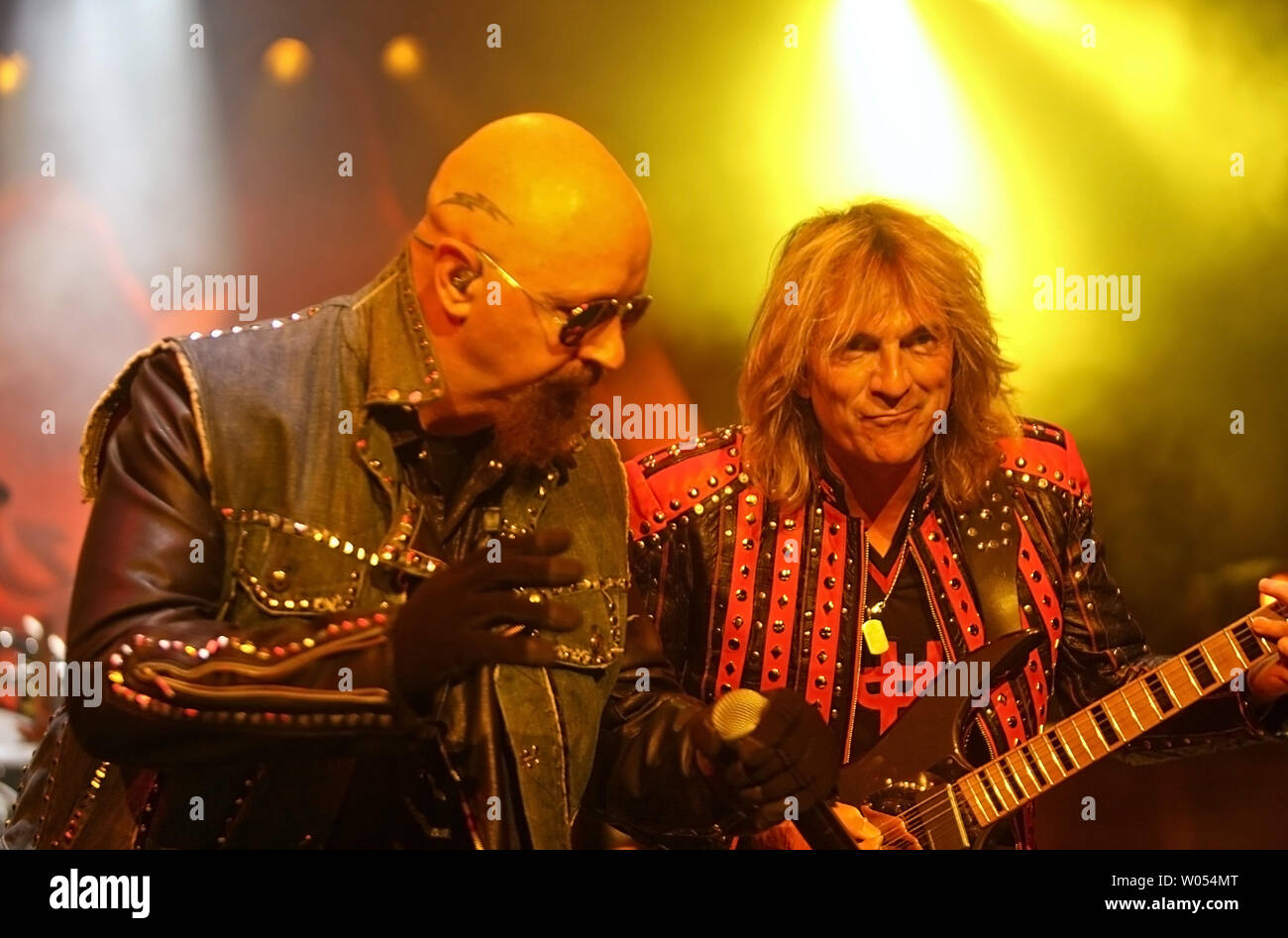 Rob Halford (L) and Glenn Tipton of Judas Priest perform in concert at ...