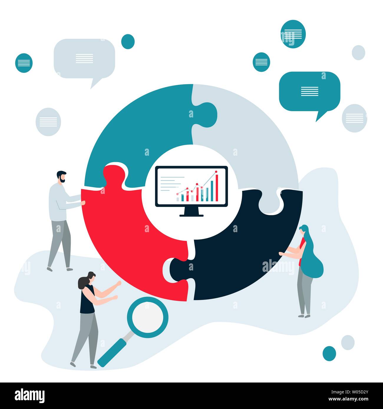 Vector illustration with people connect puzzle elements. Teamwork ...