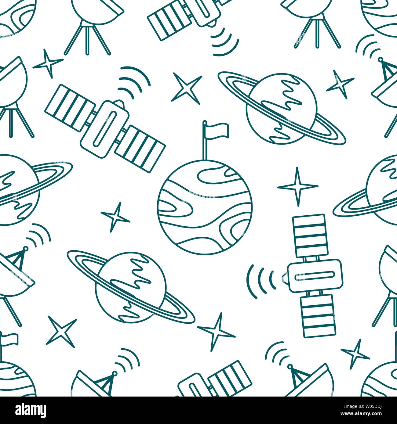Seamless vector pattern with planets, Saturn, stars, orbital station ...